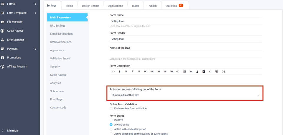 Main parameters - FormDesigned Knowledge Base
